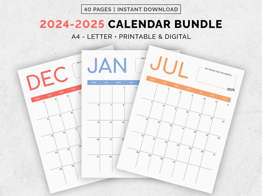 2024 2025 Calendar Bundle Printable Portrait Monthly Calendar 12 Months ...