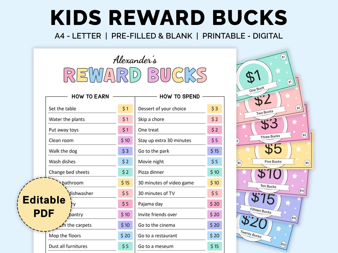 Kids Reward Bucks Editable Reward System for Kids Chore Bucks Good ...
