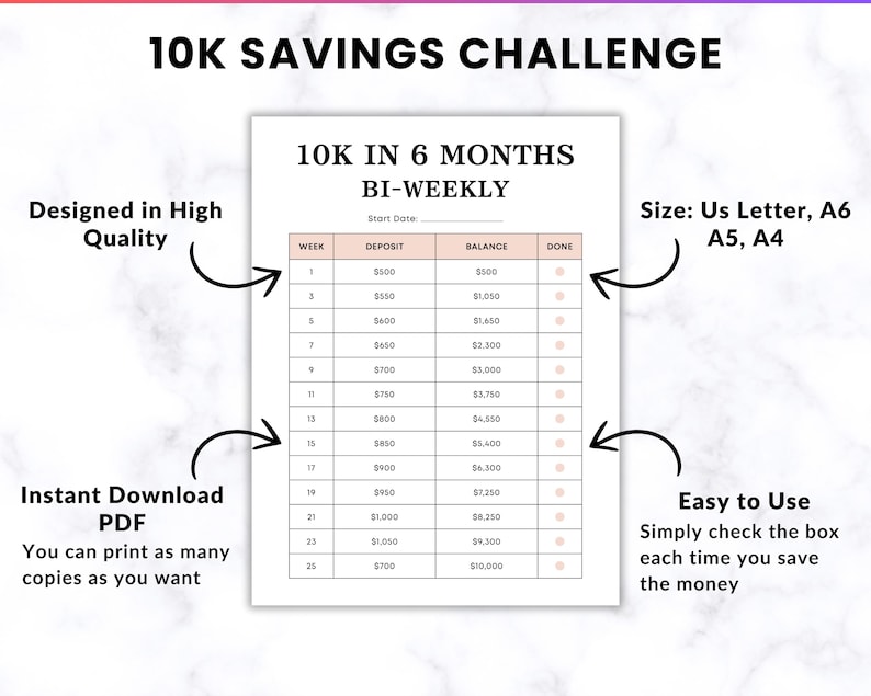 10000 Bi-weekly Savings Challenge Printable, Save 10k in 6 Months Bi ...