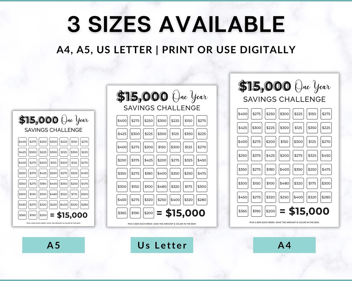 15000 Savings Challenge Printable, Savings Tracker, 15000 Dollars in ...