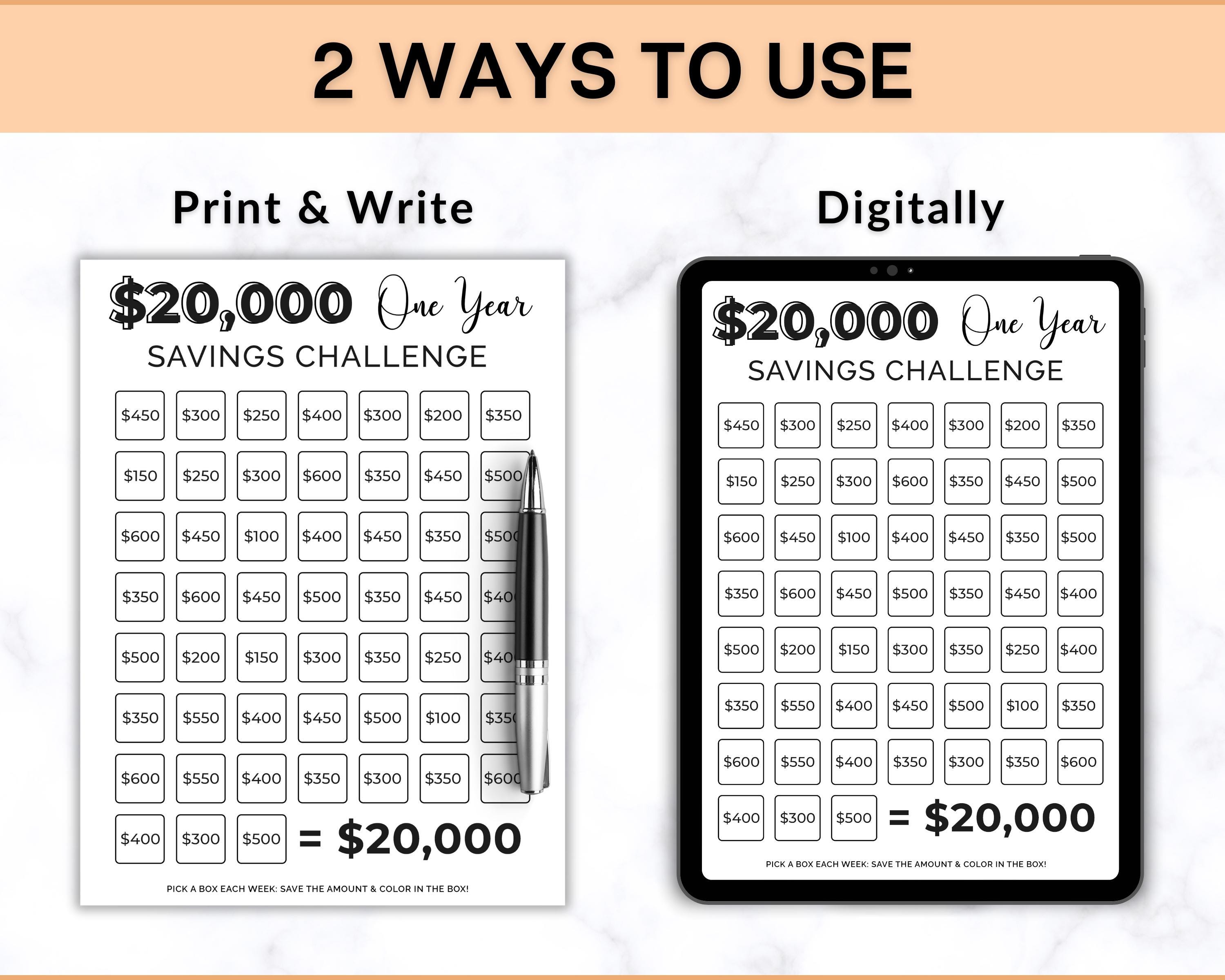 20000 Savings Challenge Printable, Savings Tracker, 20000 Dollars in ...