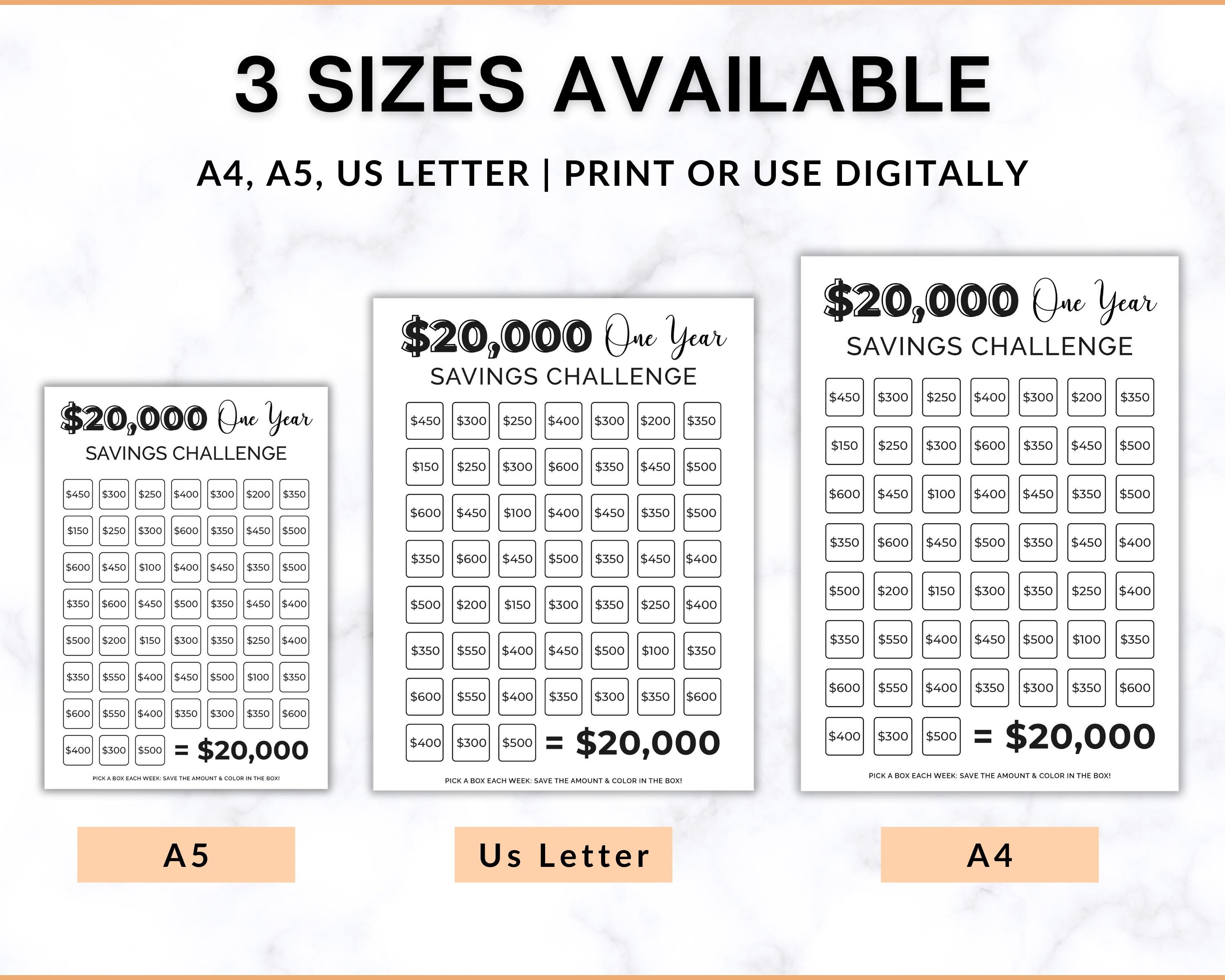 20000 Savings Challenge Printable, Savings Tracker, 20000 Dollars in ...