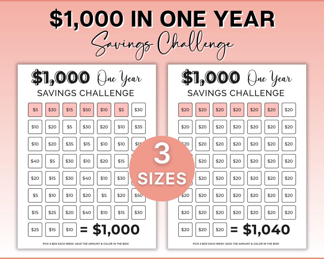 1000 Savings Challenge Printable, Savings Tracker, 1000 Dollars in One ...