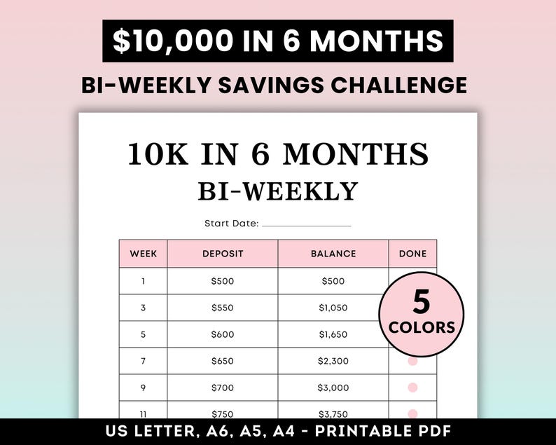 10000 Bi-weekly Savings Challenge Printable, Save 10k in 6 Months Bi ...