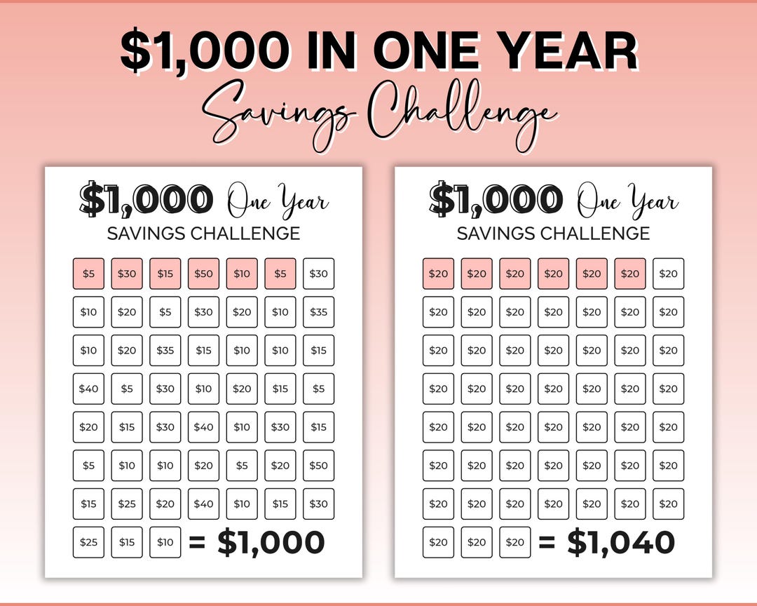 1000 Savings Challenge Printable, Savings Tracker, 1000 Dollars in One ...