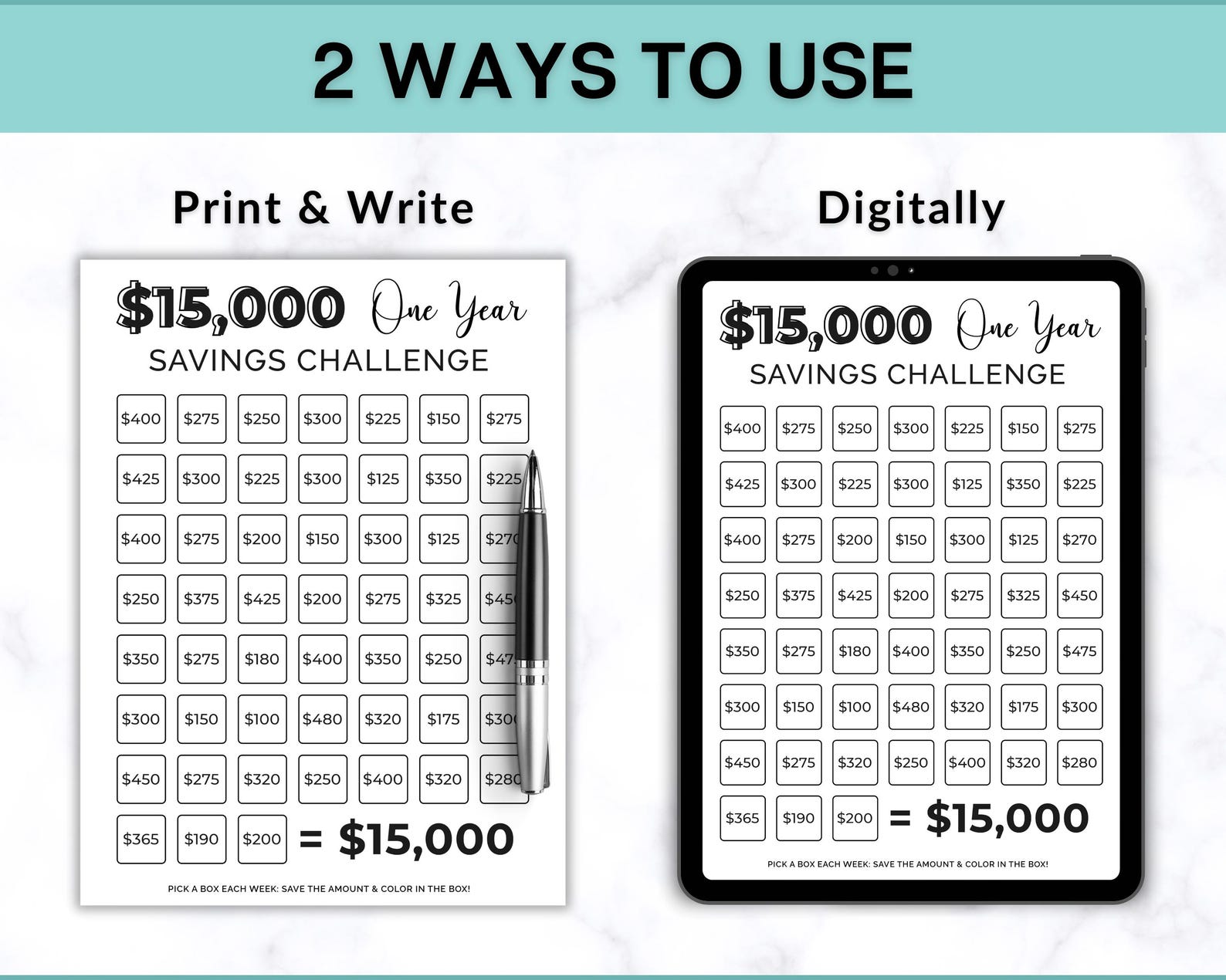 15000 Savings Challenge Printable, Savings Tracker, 15000 Dollars in ...