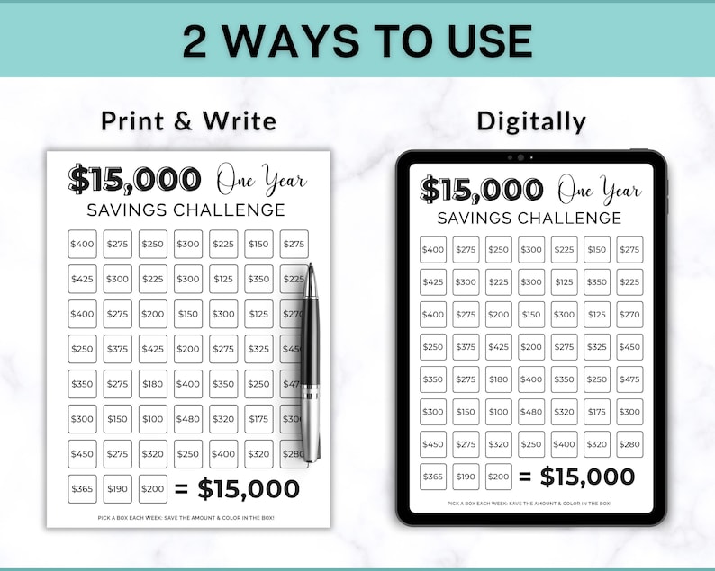 15000 Savings Challenge Printable, Savings Tracker, 15000 Dollars in ...