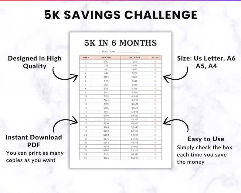 5000 Savings Challenge Printable, Save 5k in 6 Months, 5k in 26 Weeks ...