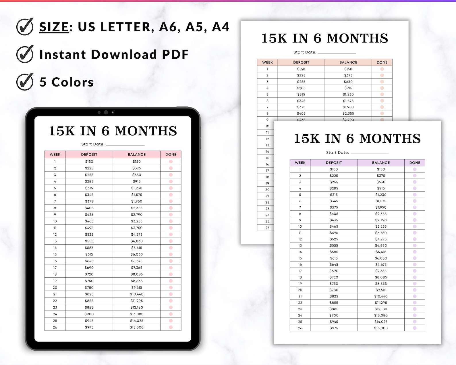 15000 Savings Challenge Printable, Save 15k in 6 Months, 15k in 26 ...