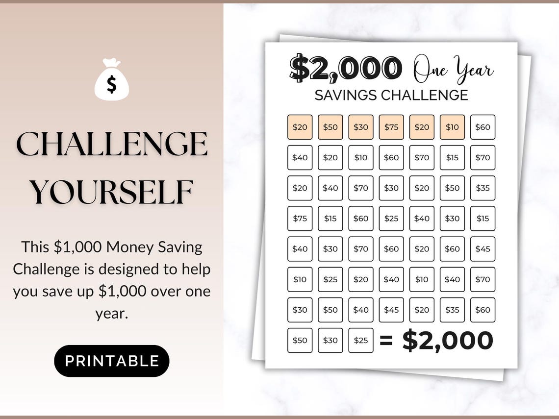 2000 Savings Challenge Printable, Savings Tracker, 2000 Dollars in One ...