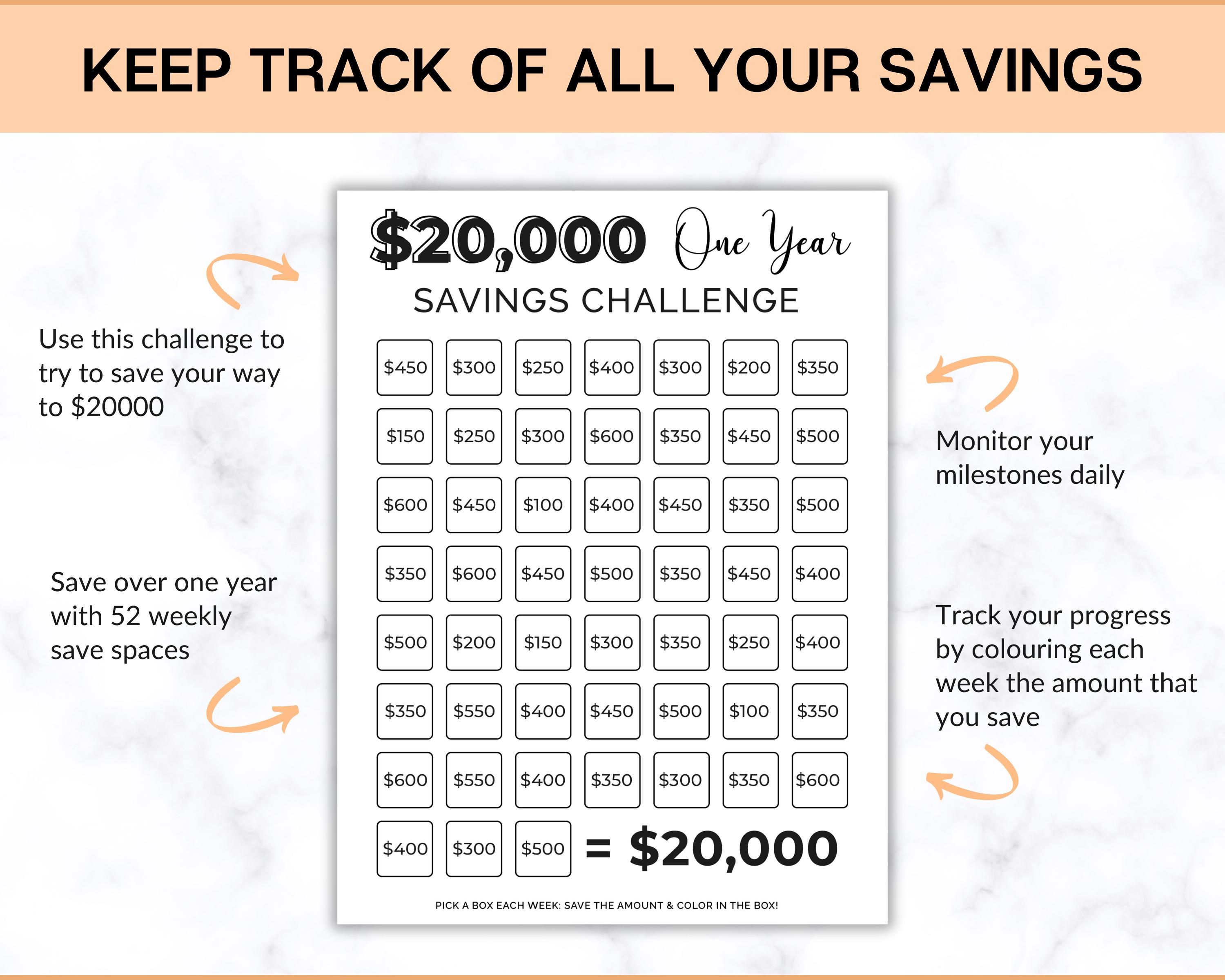 20000 Savings Challenge Printable, Savings Tracker, 20000 Dollars in ...
