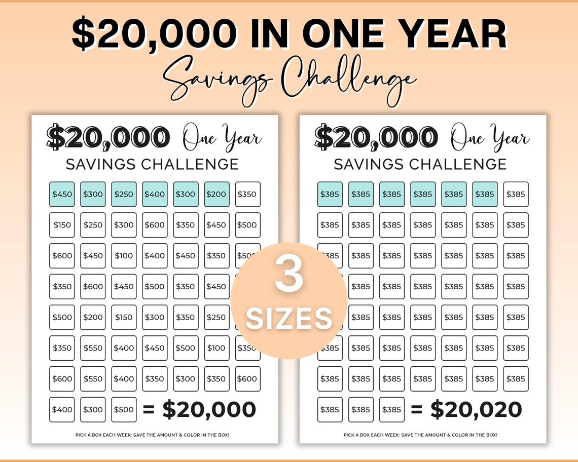 20000 Savings Challenge Printable, Savings Tracker, 20000 Dollars in ...
