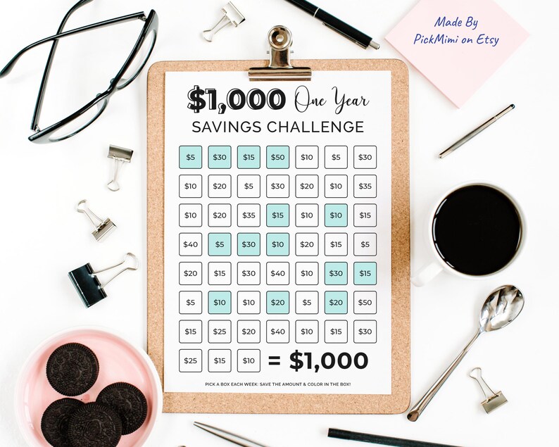 1000 Savings Challenge Printable, Savings Tracker, 1000 Dollars in One ...