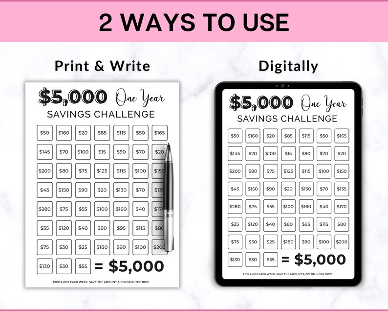 5000 Savings Challenge Printable, Savings Tracker, 5000 Dollars in One ...