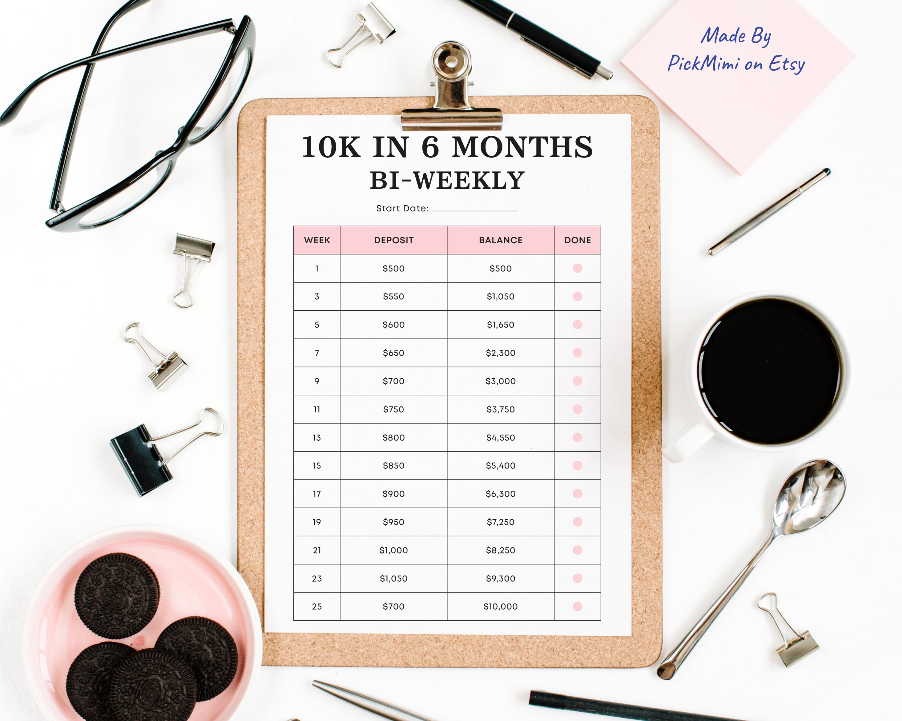 10000 Bi-weekly Savings Challenge Printable, Save 10k in 6 Months Bi ...