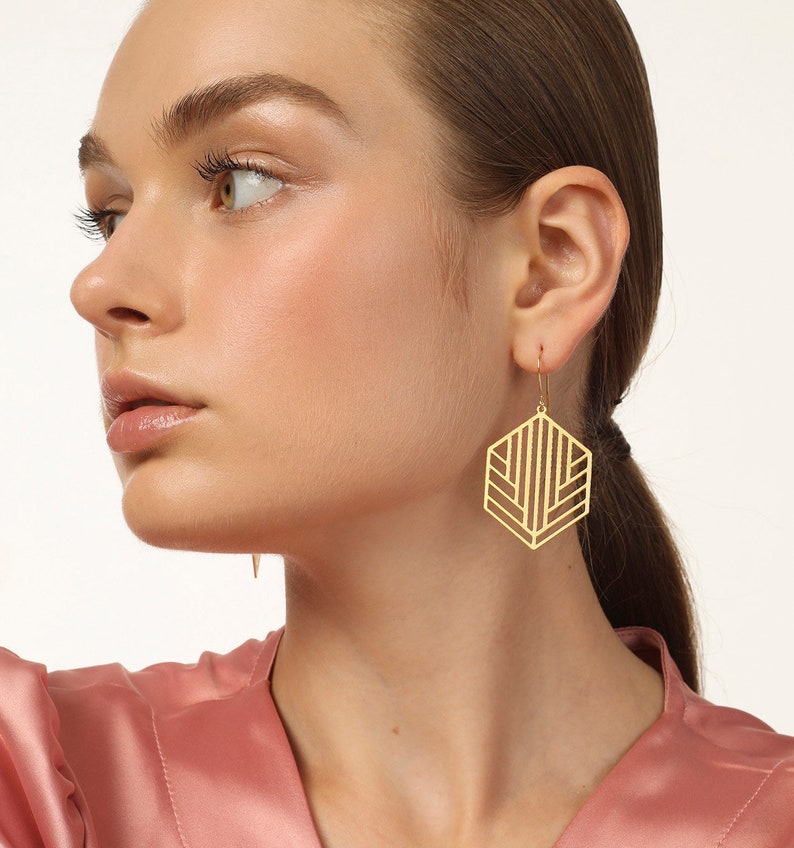 Hexagon Earrings, Hexagon Dangle Earrings, Gold Statement Earrings ...