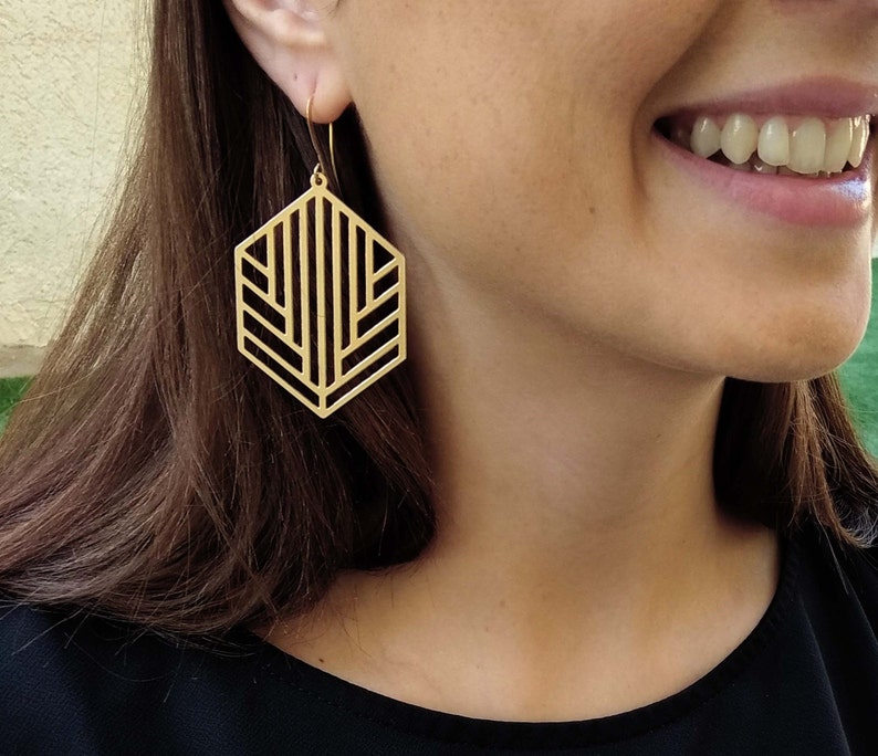 Hexagon Earrings, Hexagon Dangle Earrings, Gold Statement Earrings ...