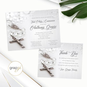 Silver Rosary Beads Communion Invitation & Thank You Card Single-side ...