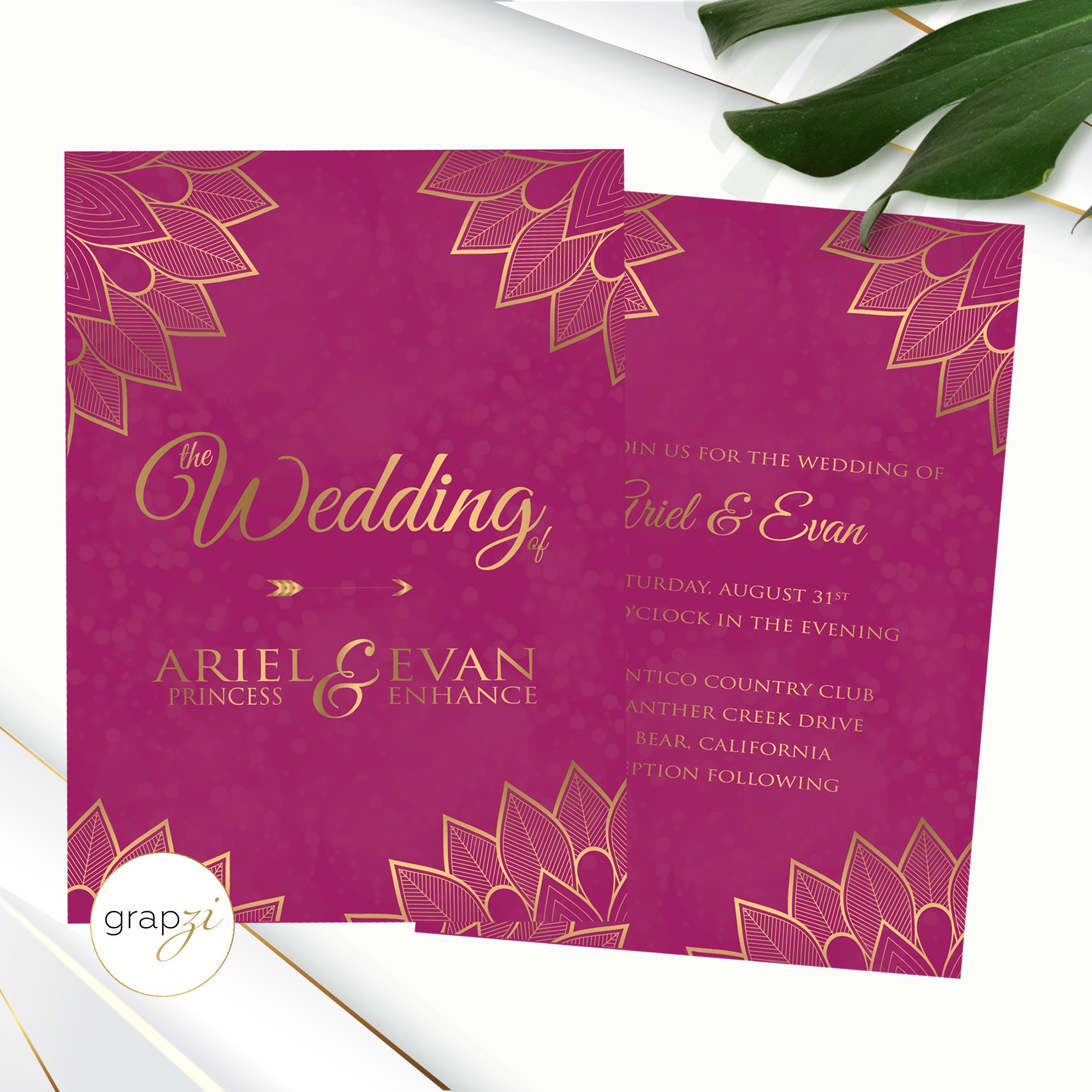 Gold Fuchsia Feather Wedding Invitation Birthday iPhone - Etsy