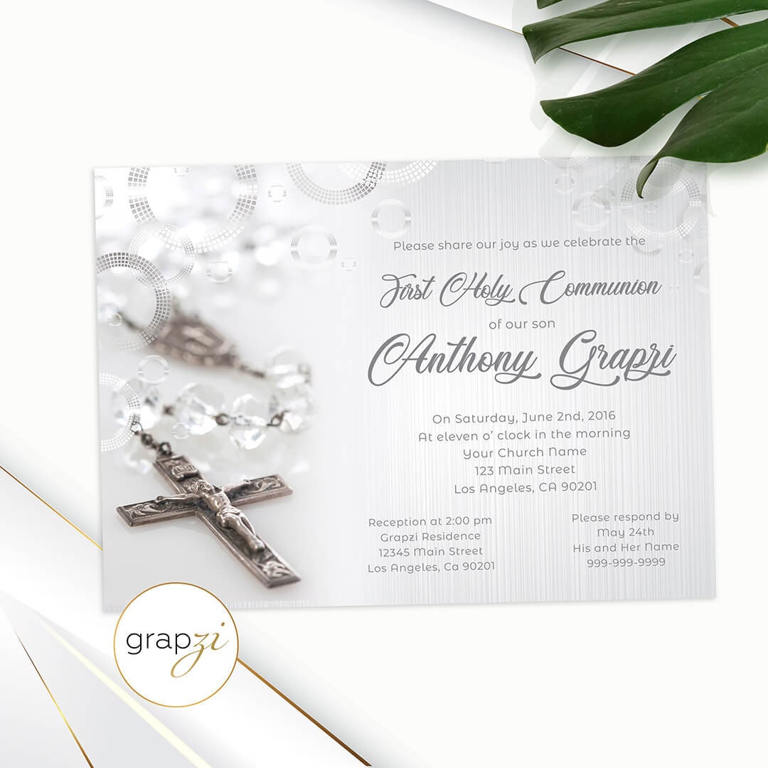 Silver Rosary Beads Communion Invitation & Thank You Card Single-side ...