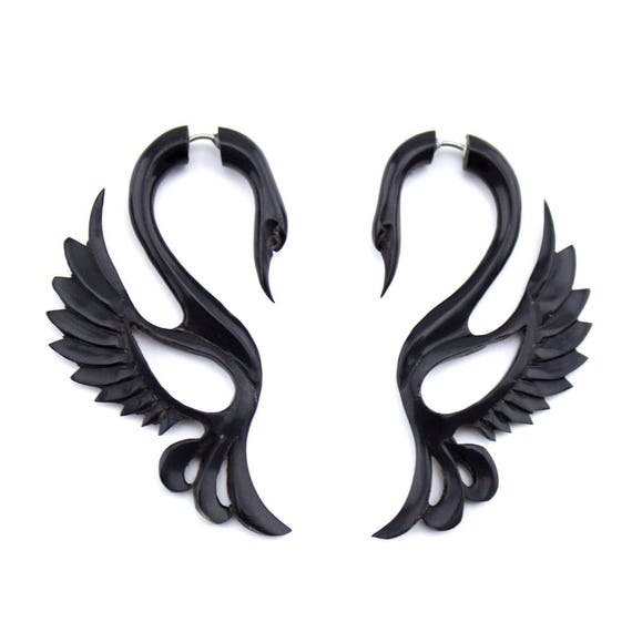 Swan Black Horn Hanging Spiral Fake Gauges Earrings | Etsy