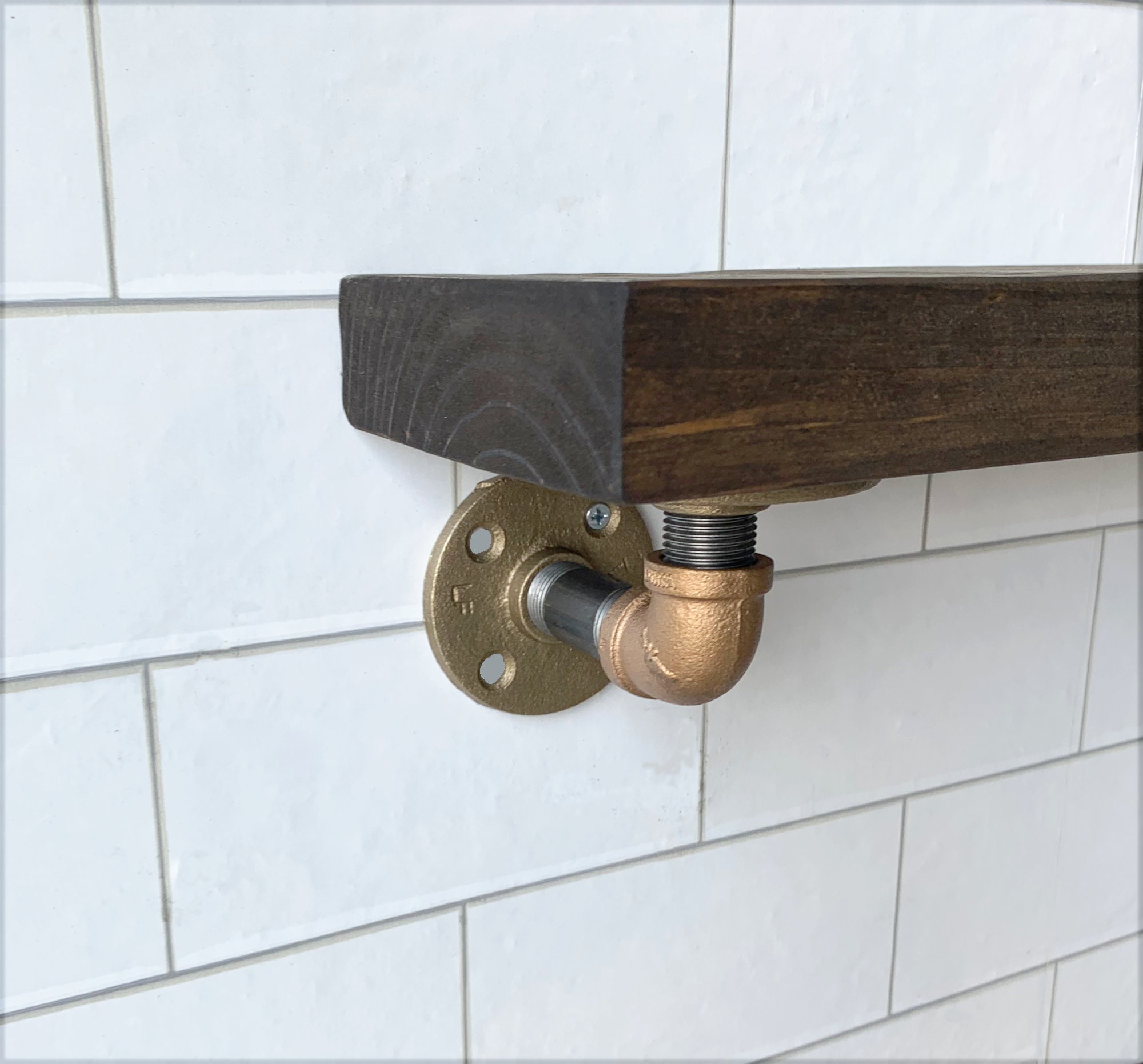 Brass Pipe Bracket Floating Shelf: Farmhouse Rustic Wood Wall Decor - Etsy