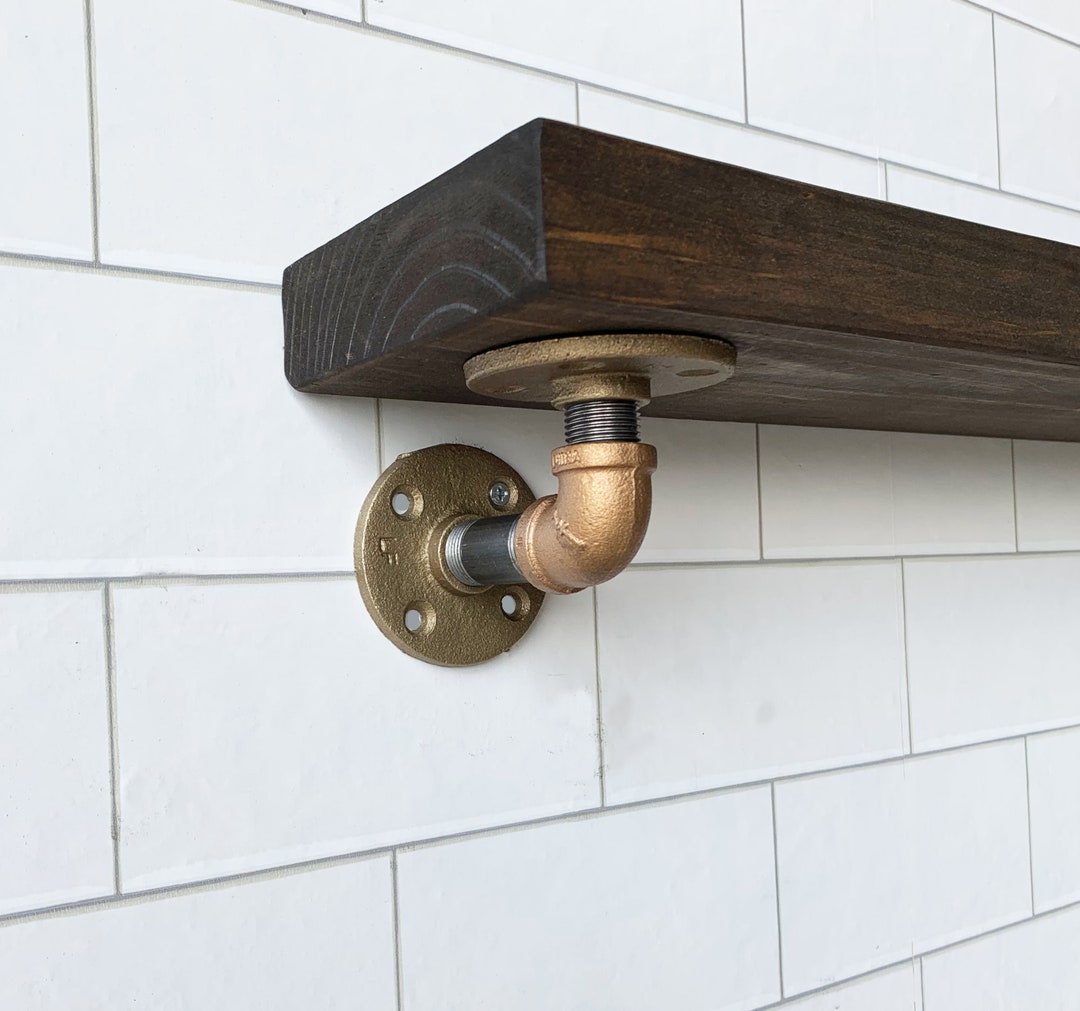Brass Pipe Bracket Floating Shelf: Farmhouse Rustic Wood Wall Decor - Etsy
