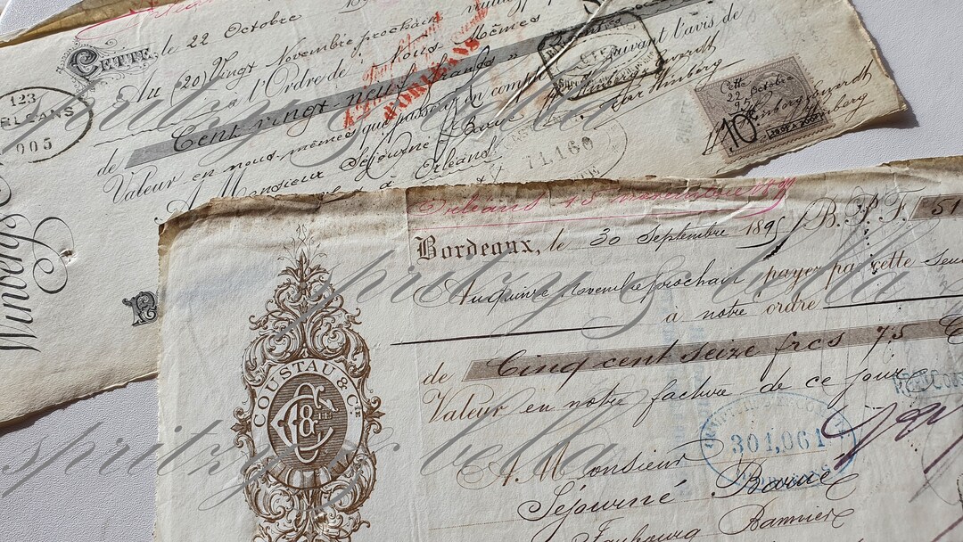 6 Vintage French Cheques,1800s Ephemera,digital Download,french Bank ...