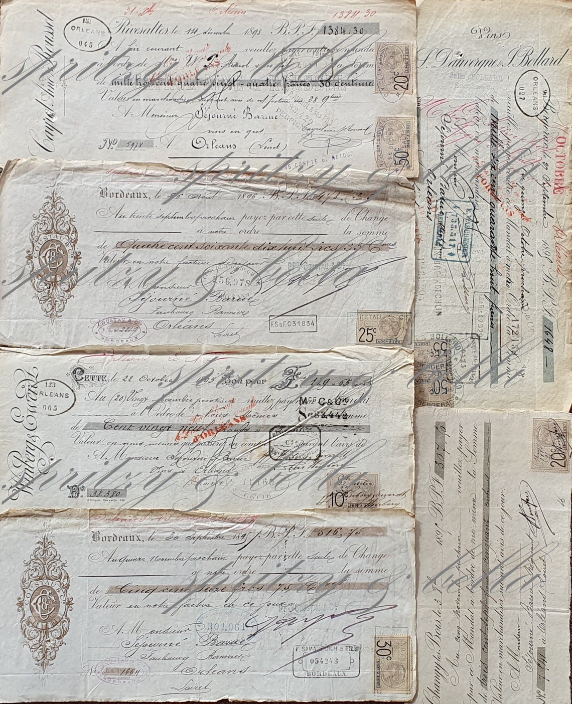 6 Vintage French Cheques,1800s Ephemera,digital Download,french Bank ...