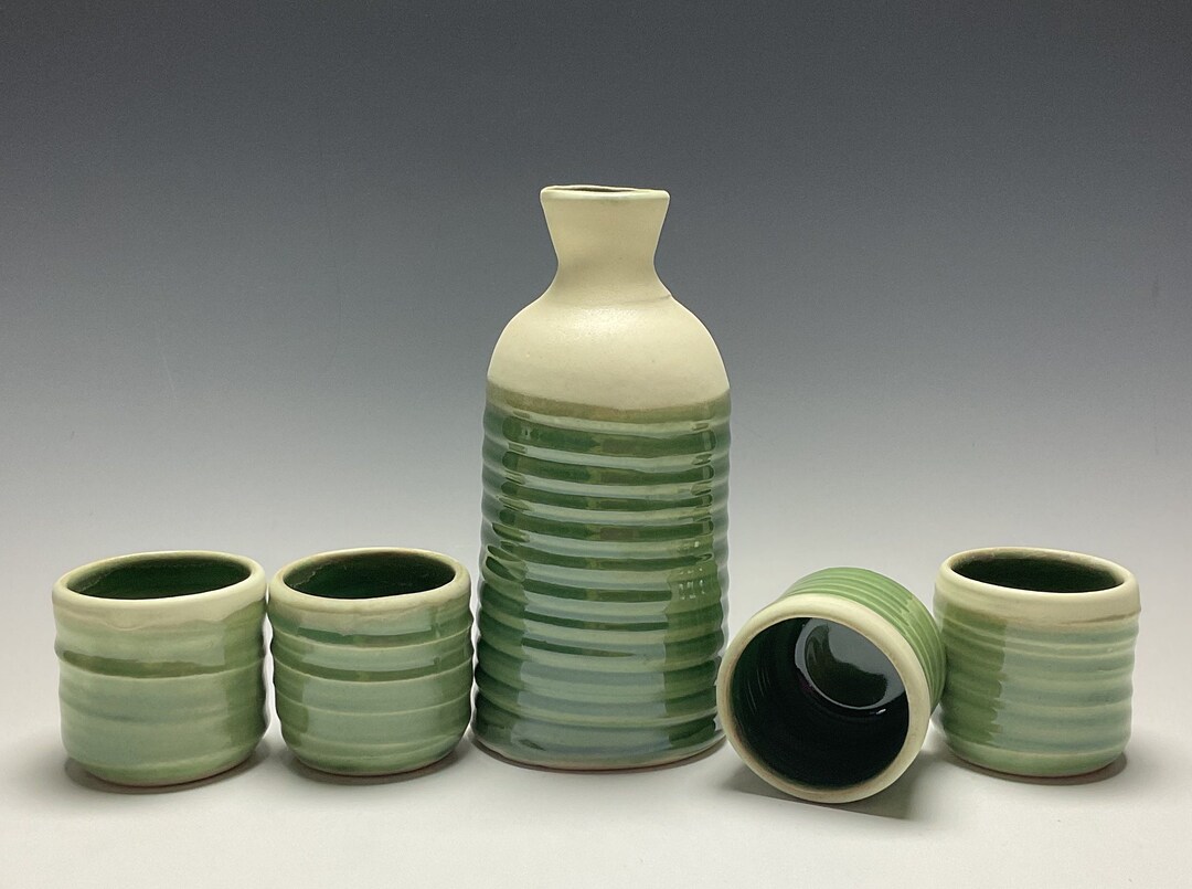 Sake Set Glazed in Cream and Emerald Green by Potteryi - Etsy