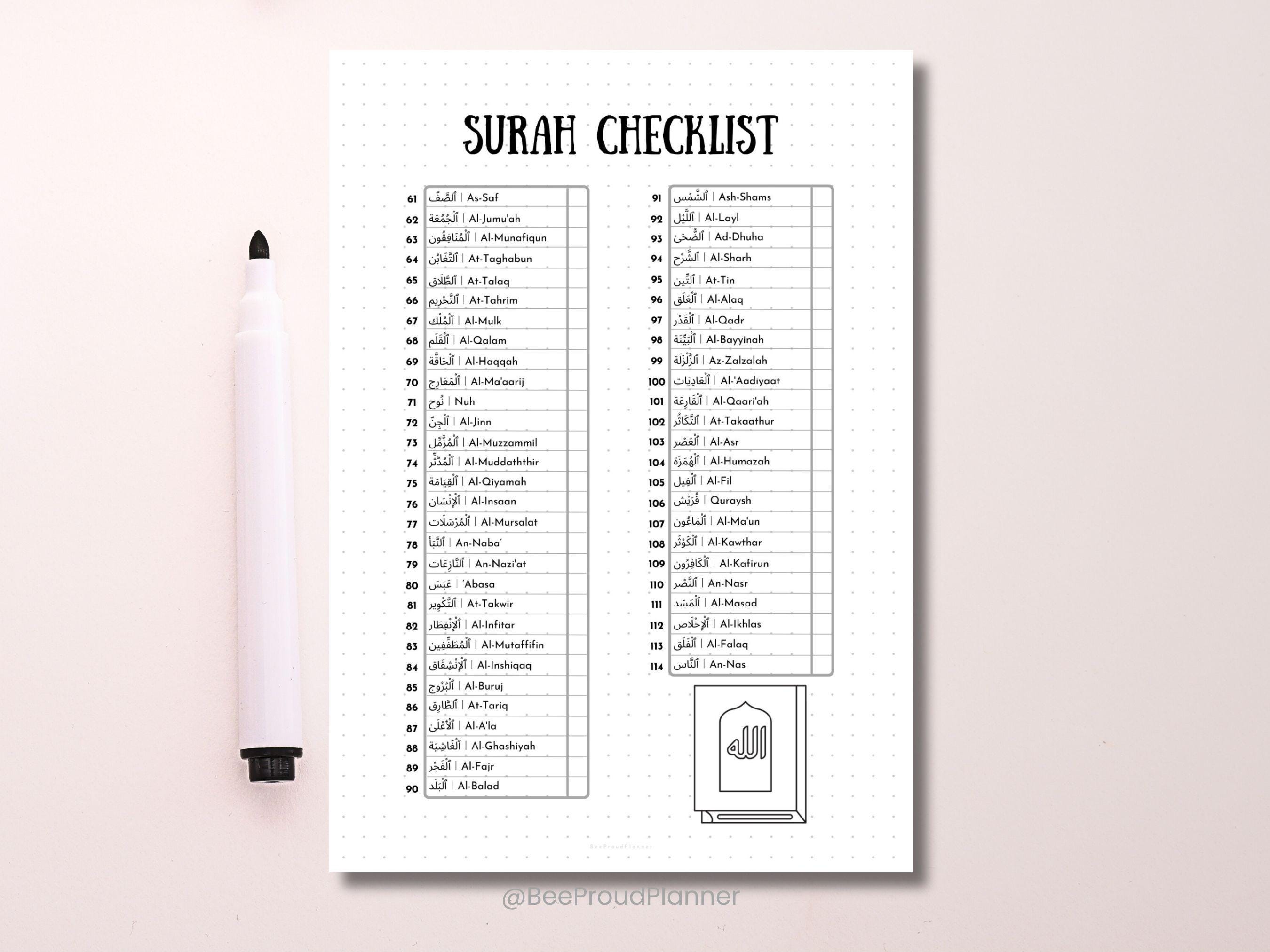 Surah Checklist Tracker, Quran Tracker, PDF Instant Download, Ramadan ...