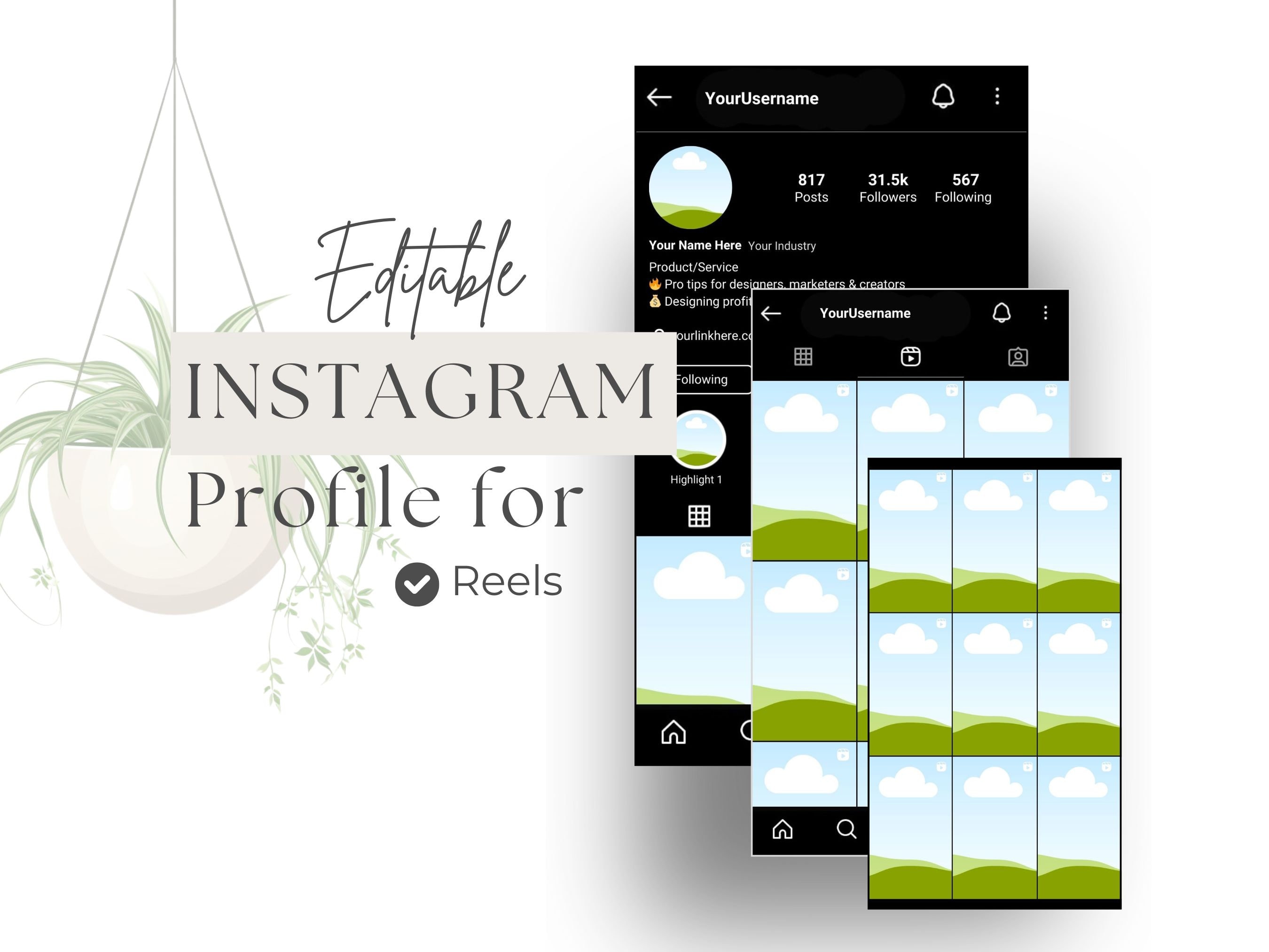 Instagram Profile Mockup Template, Dark Background, Editable Grid ...