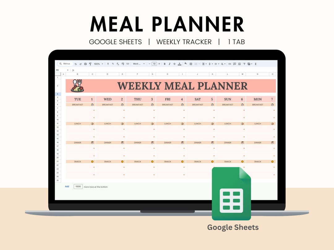 Weekly Meal Planner, Google Sheets, Weekly Tracker, Food Journal, Meal ...