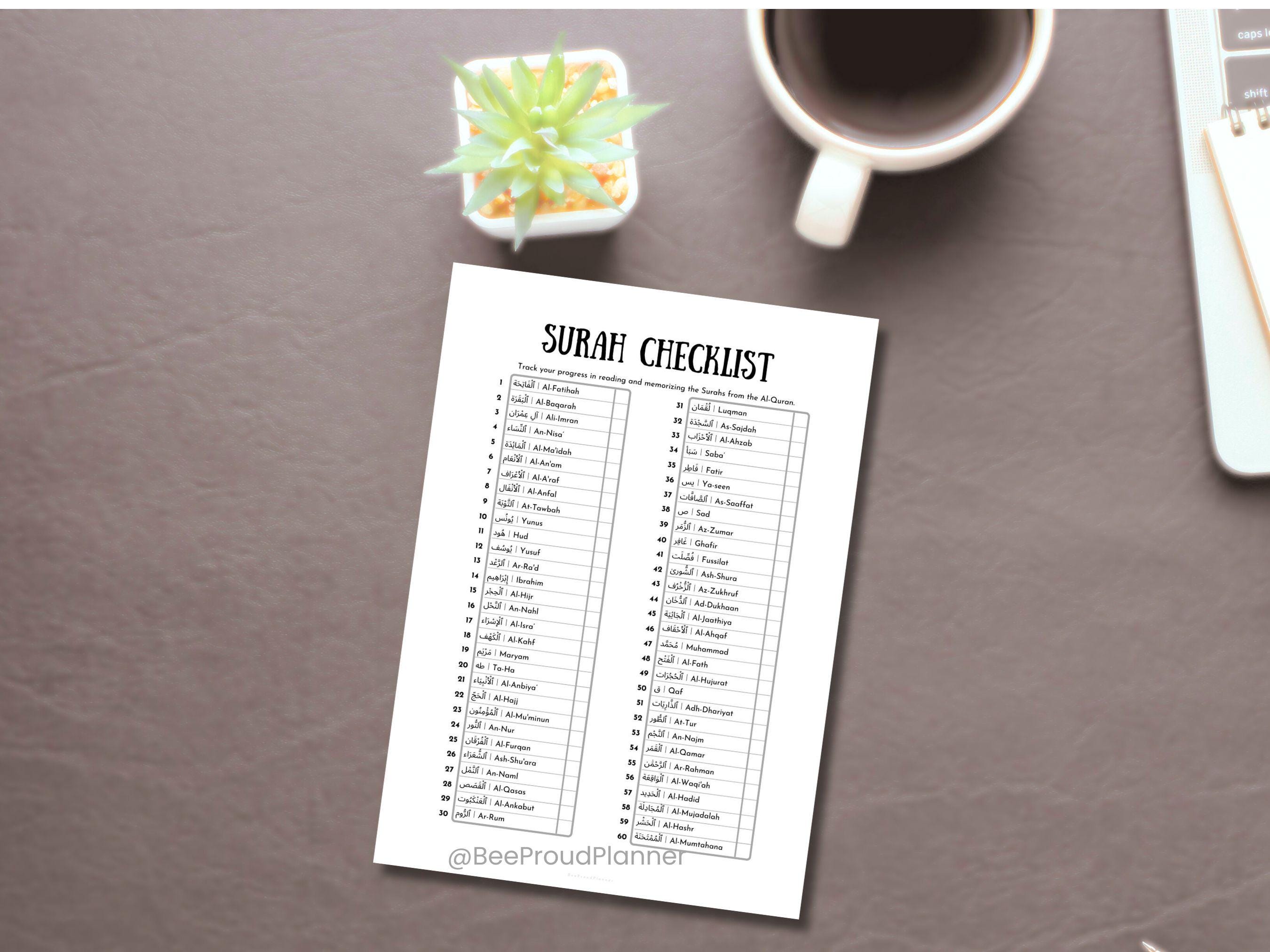 Surah Checklist Tracker, Quran Tracker, PDF Instant Download, Ramadan ...