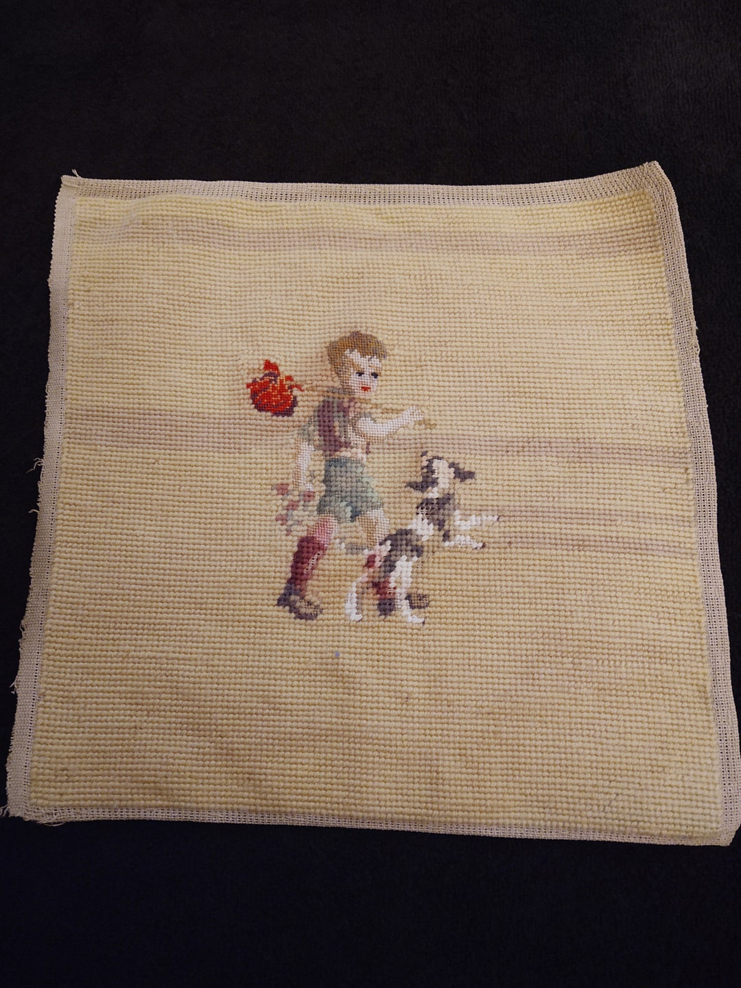 Cute Vintage Needlepoint Picture Boy With Dog - Etsy