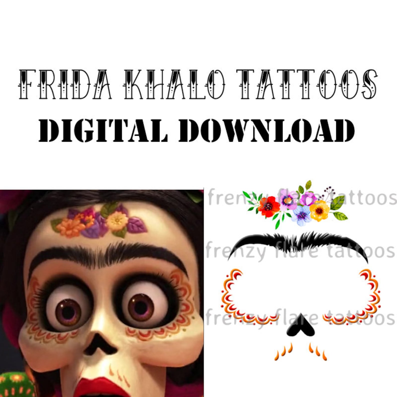 Frida Khalo Temporary Tattoo Designs From Coco Movie. Digital Download ...