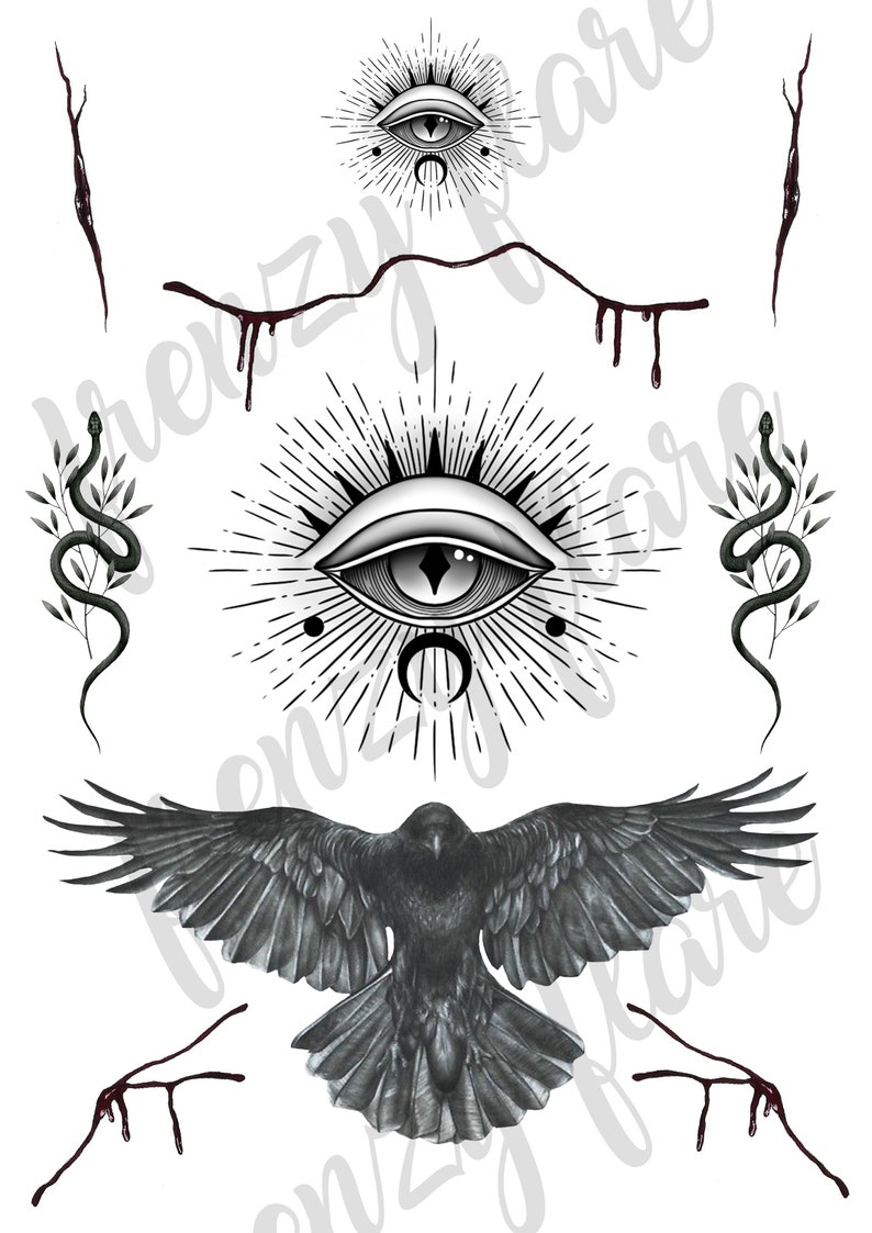 Witch Temporary Tattoos for Halloween, Raven, Snake, Third Eye and Cuts ...