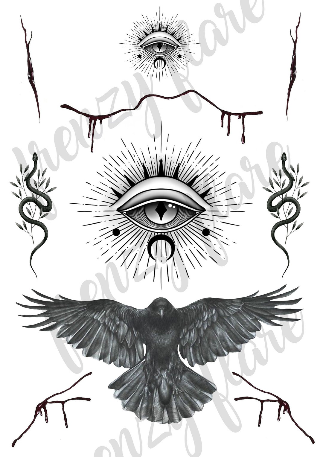 Witchy Digital Download Temporary Tattoos. Raven, Third Eye, Snakes ...