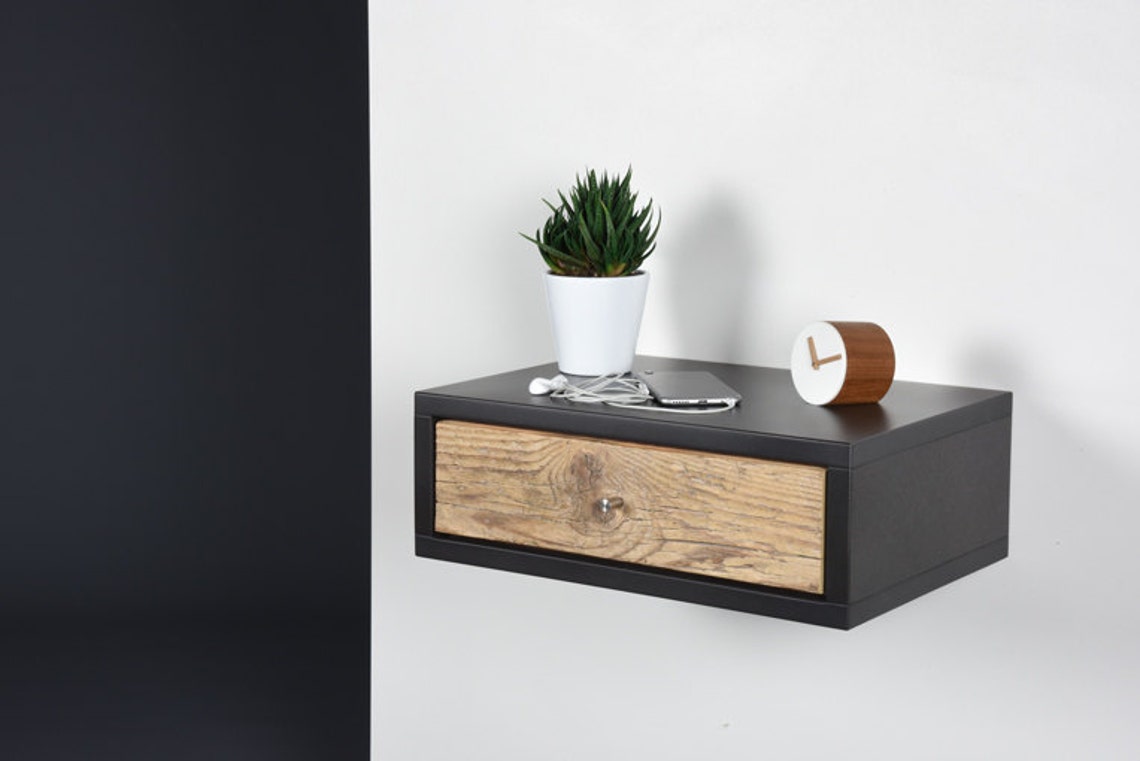 Floating Nightstand Gray Stone With Drawer in Old Wood Scandinavian ...