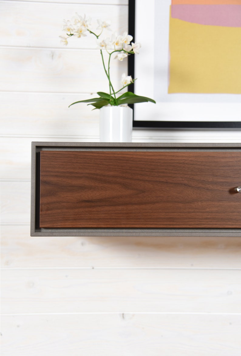 Floating Console in Concrete Gray With 1 Drawer in Walnut Wood - Etsy