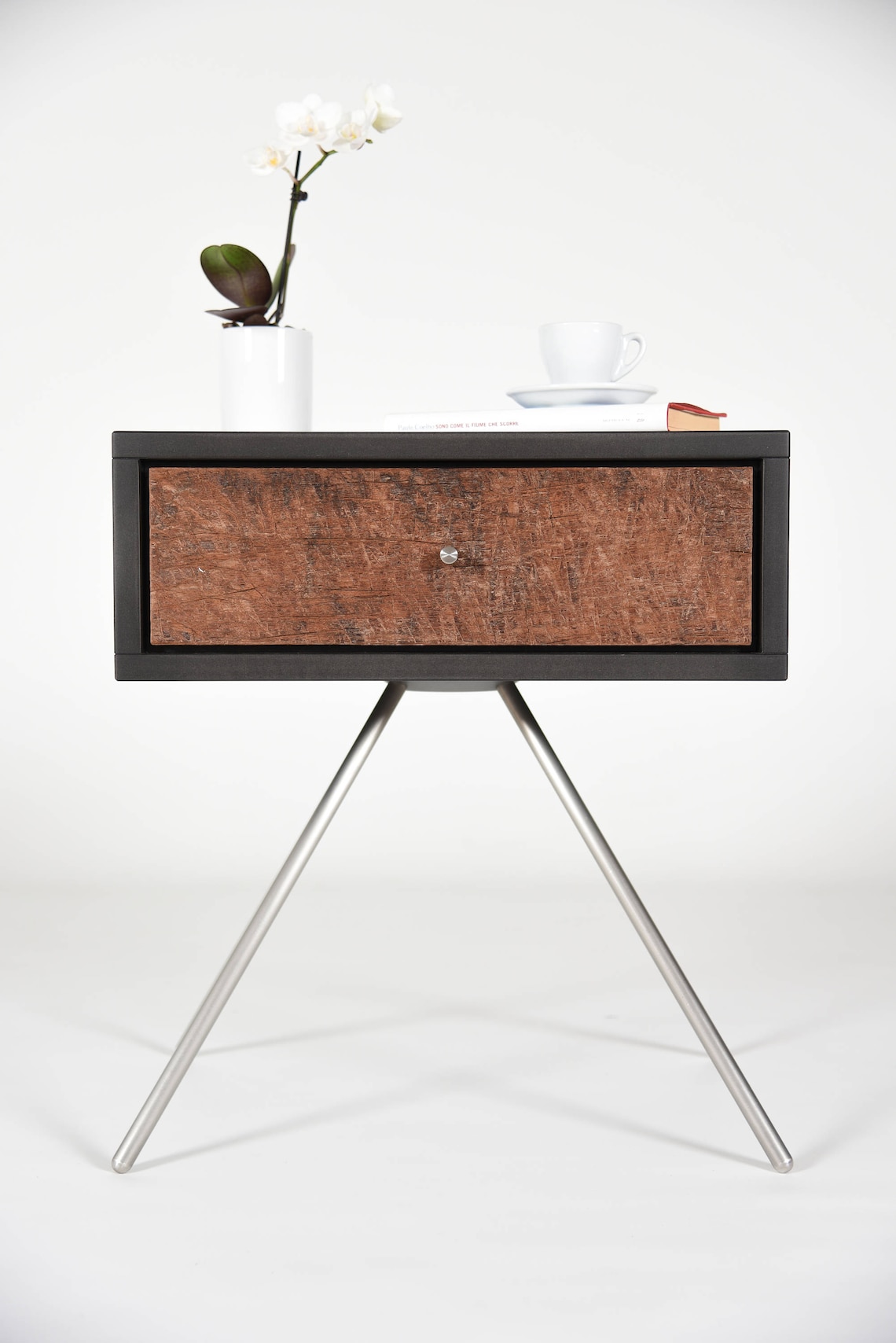 Stone Gray Bedside Table With 1 Drawer in Antique Barrel Wood - Etsy