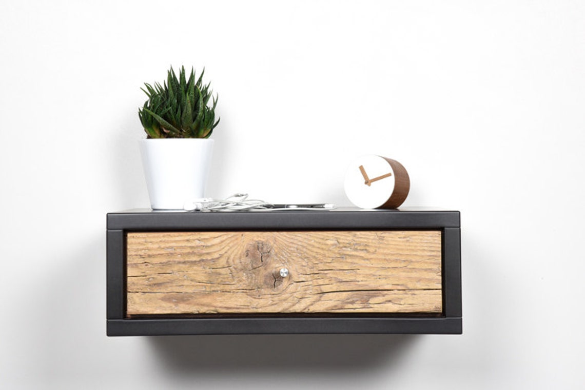 Floating Nightstand Gray Stone With Drawer in Old Wood Scandinavian ...