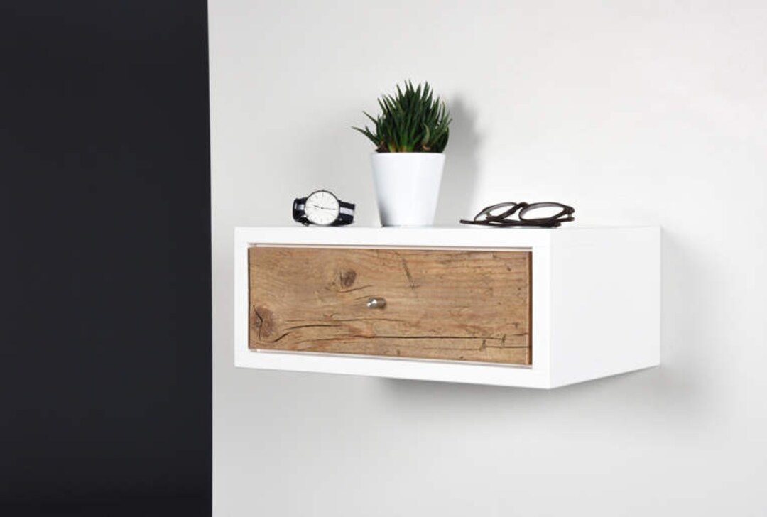White Floating Nightstand Bedside Table Drawer in Solid Old Wood Mid ...
