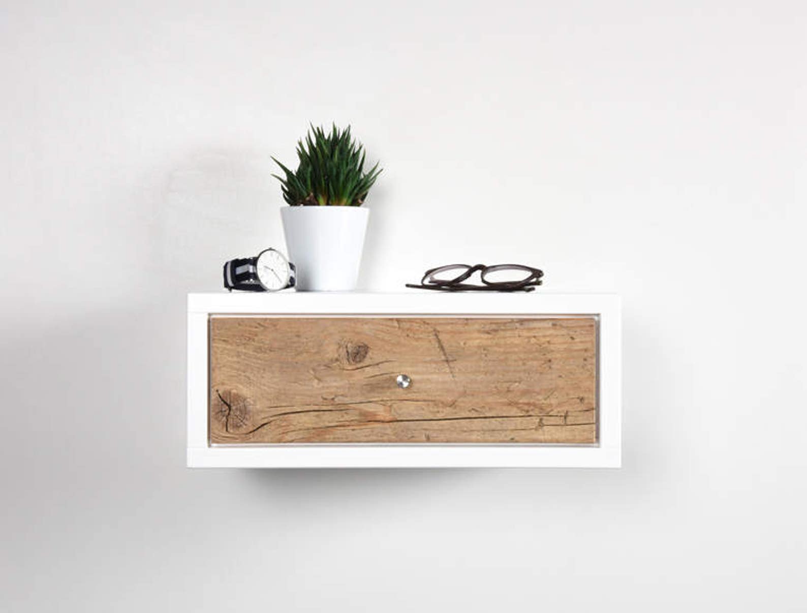 White Floating Nightstand Bedside Table Drawer in Solid Old Wood Mid ...
