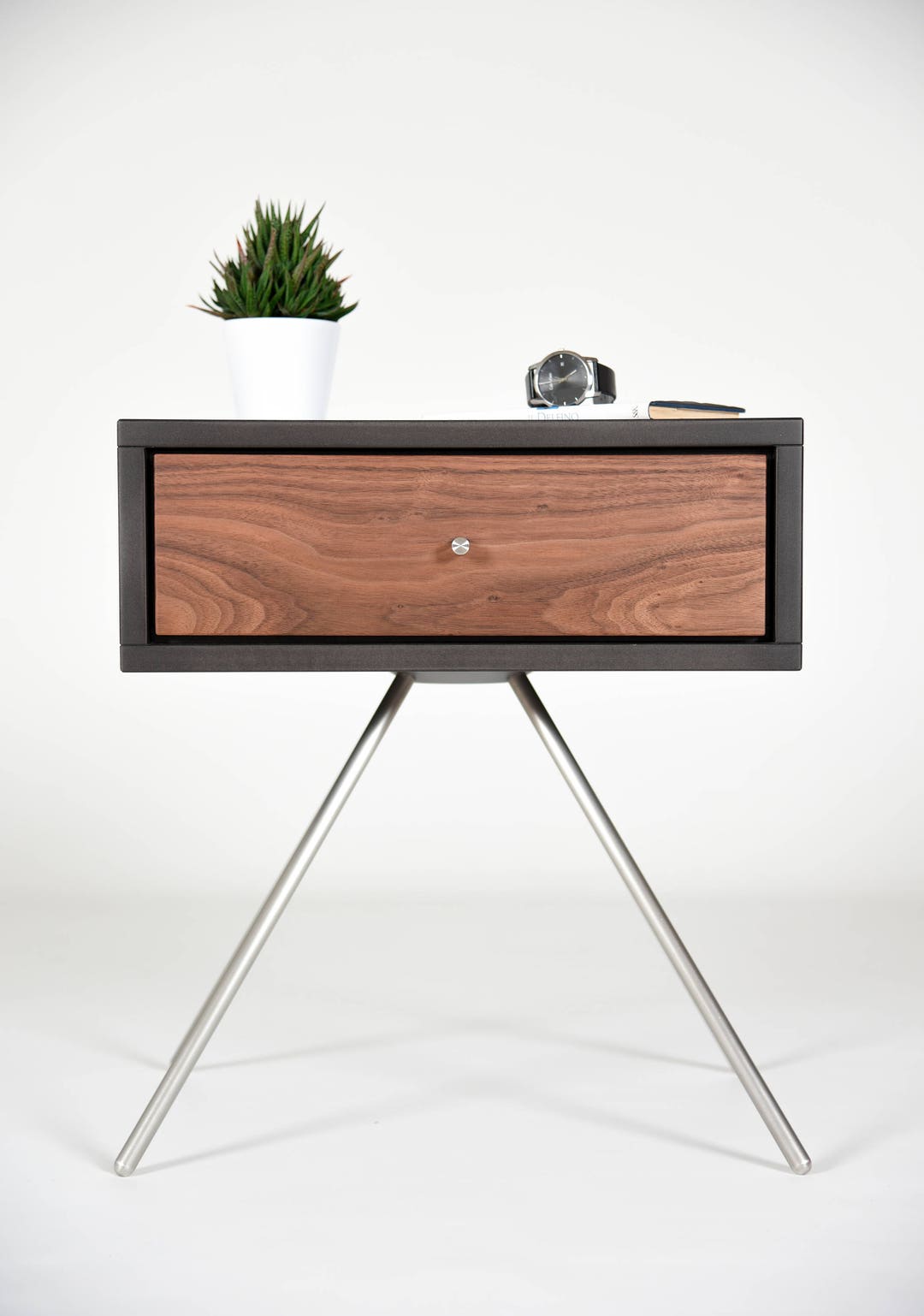 Stone Gray Bedside Table With 1 Drawer in Solid Walnut - Etsy