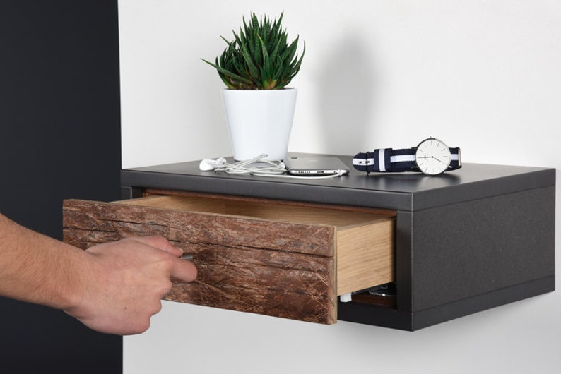 Stone Gray Floating Bedside Table With 1 Drawer in Old Wood / Modern ...