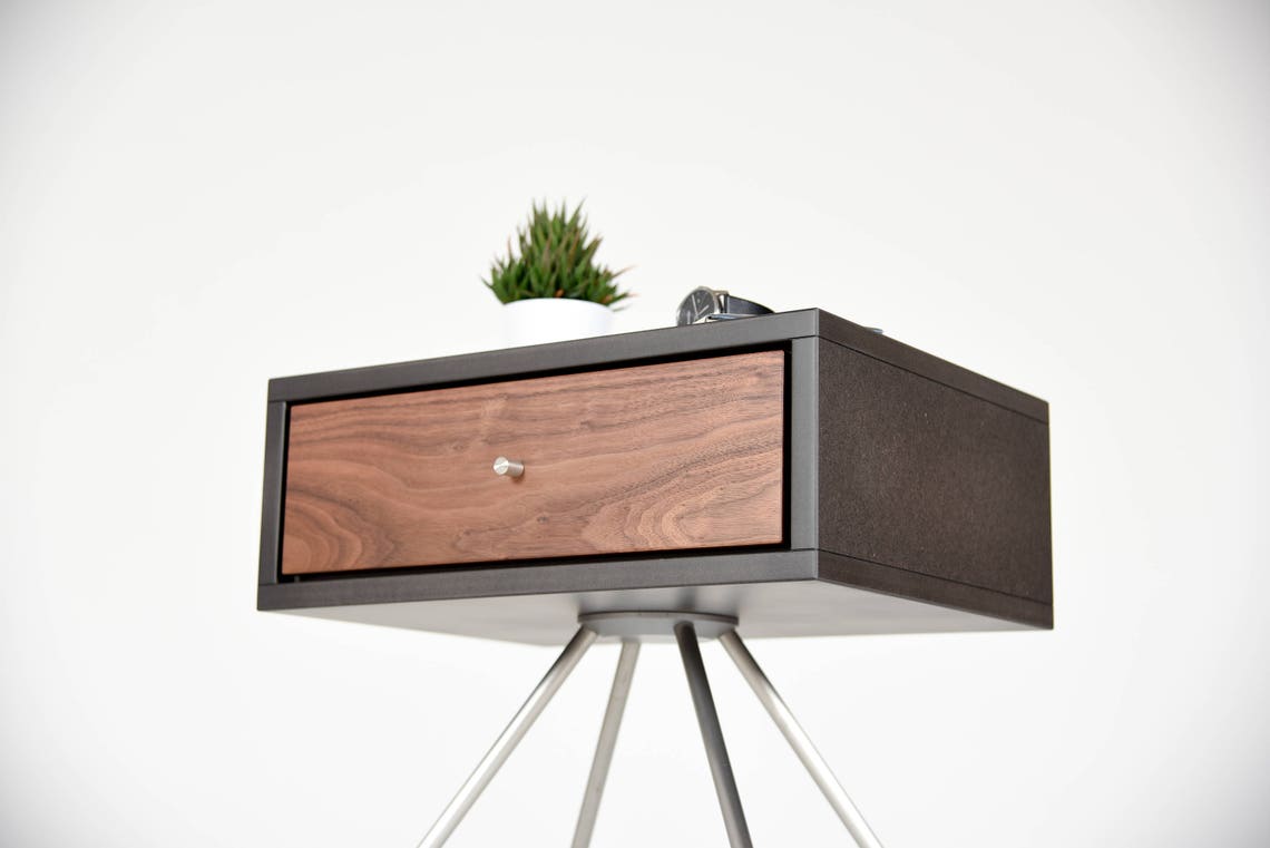 Stone Gray Bedside Table With 1 Drawer in Solid Walnut - Etsy