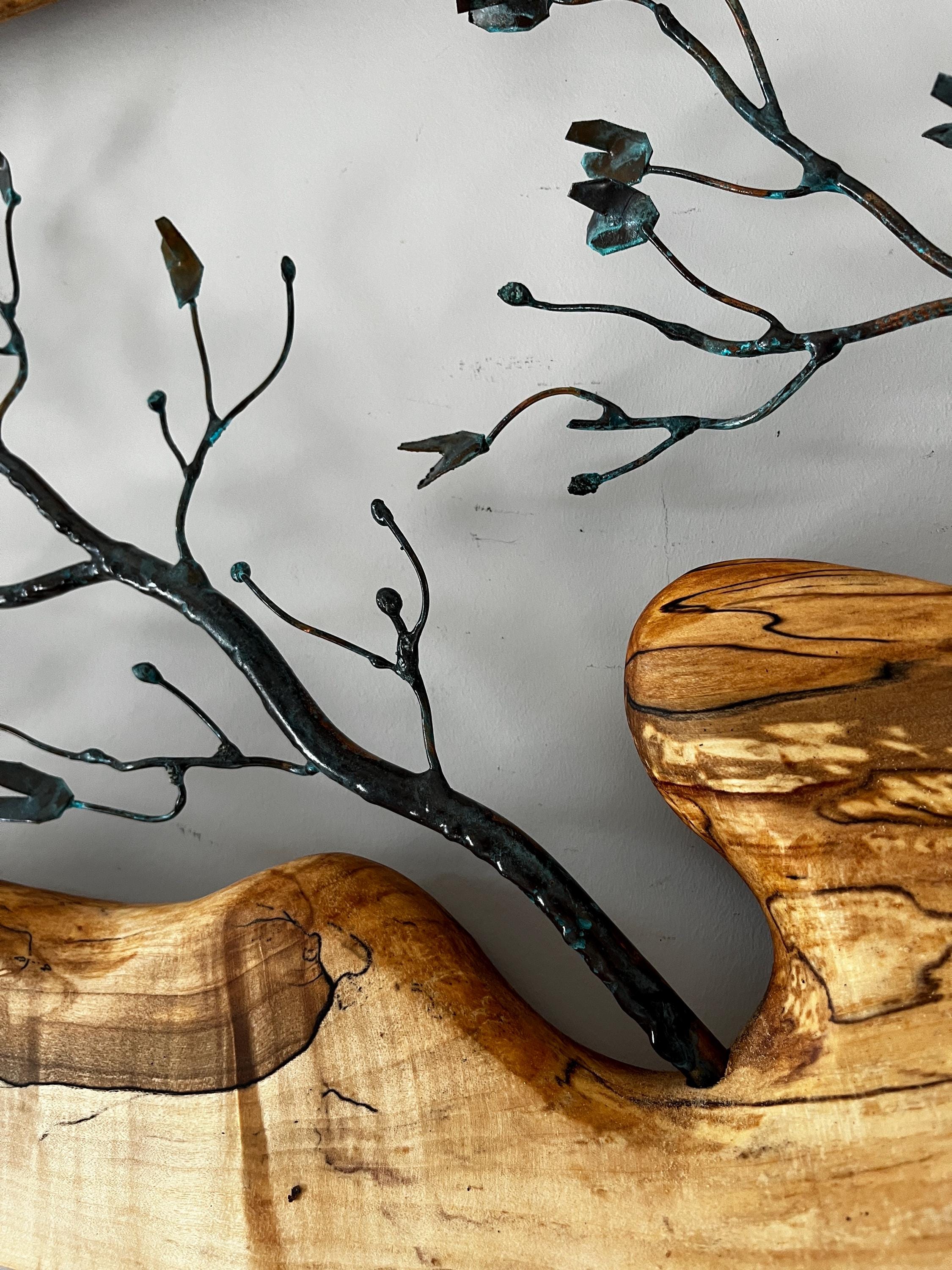 Spalted Maple Wood Wall Art, Welded Metal Tree Sculpture, Home Decor ...