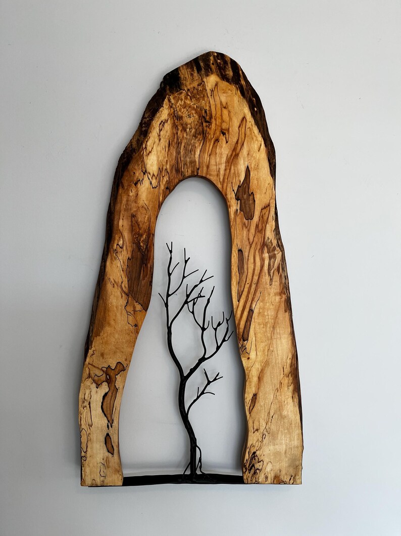 Spalted Maple Wood Wall Art, Welded Metal Tree Sculpture, Home Decor ...