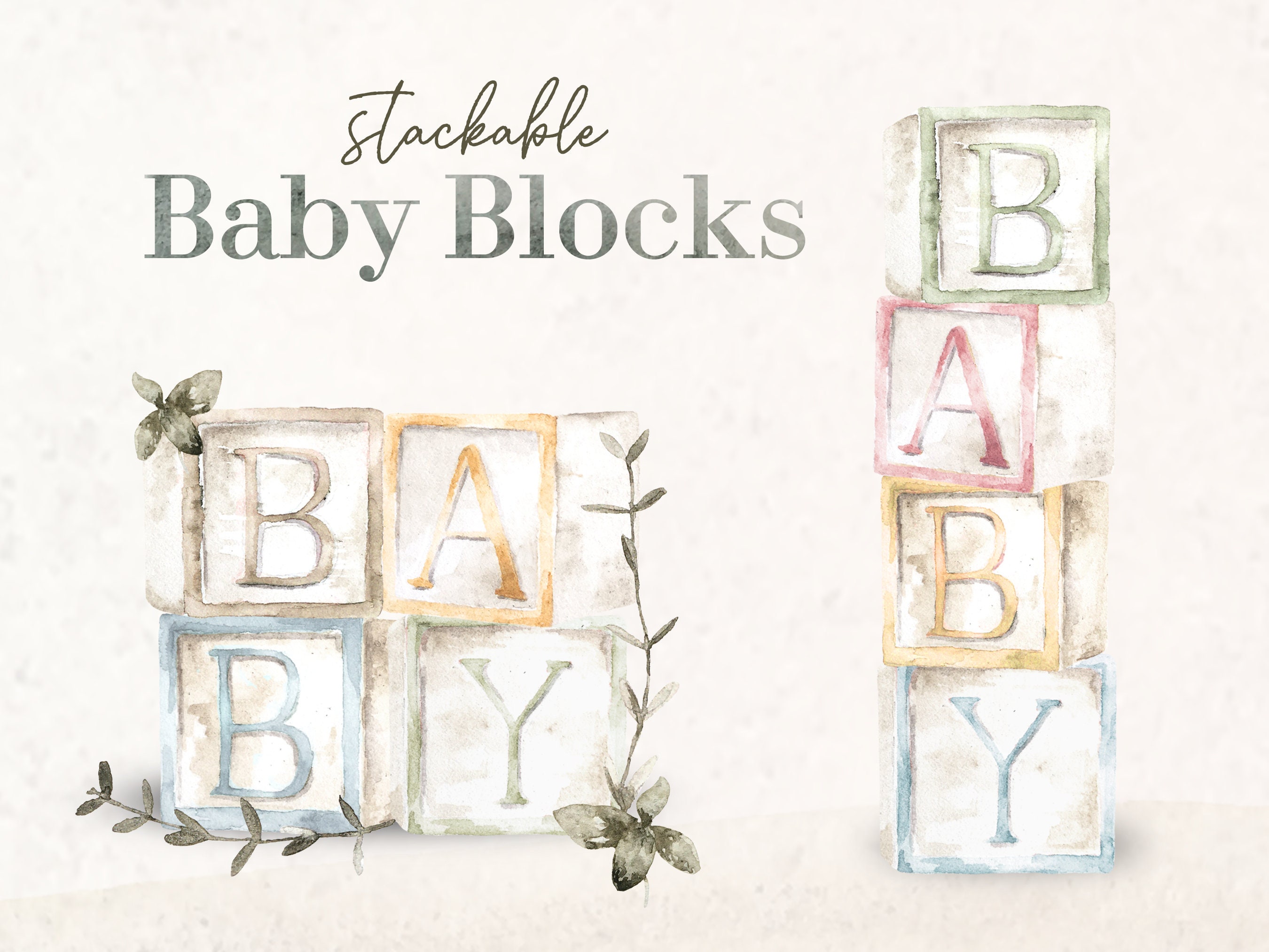 Baby ABC Blocks Watercolor Clipart - Gender Neutral Themed Baby Shower ...